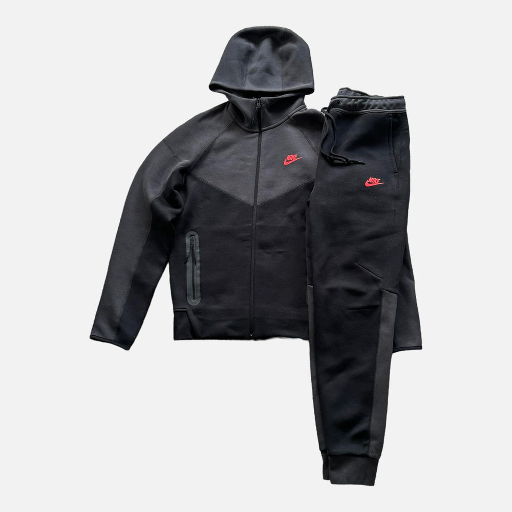 Nike Tech Fleece Zip-Up Hoodie - Black / Smoke Grey / Crimson Red (New