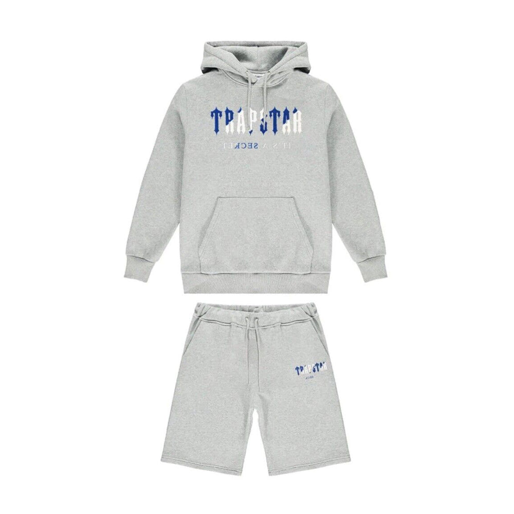 Trapstar Chenille Decoded Hooded Short Set - Grey / Dazzling Blue